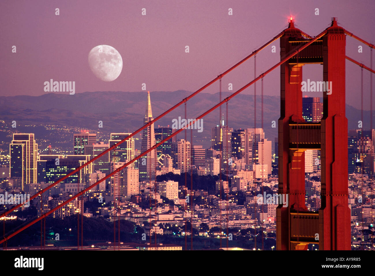 full moon over San Francisco and the Golden Gate Bridge in San ...