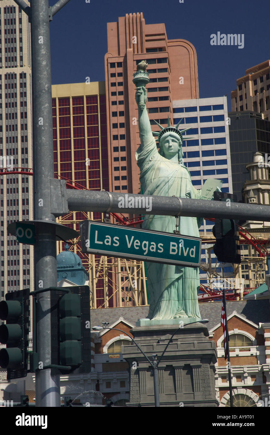 Las Vegas Blvd sign NY NY Hotel in background Stock Photo - Alamy