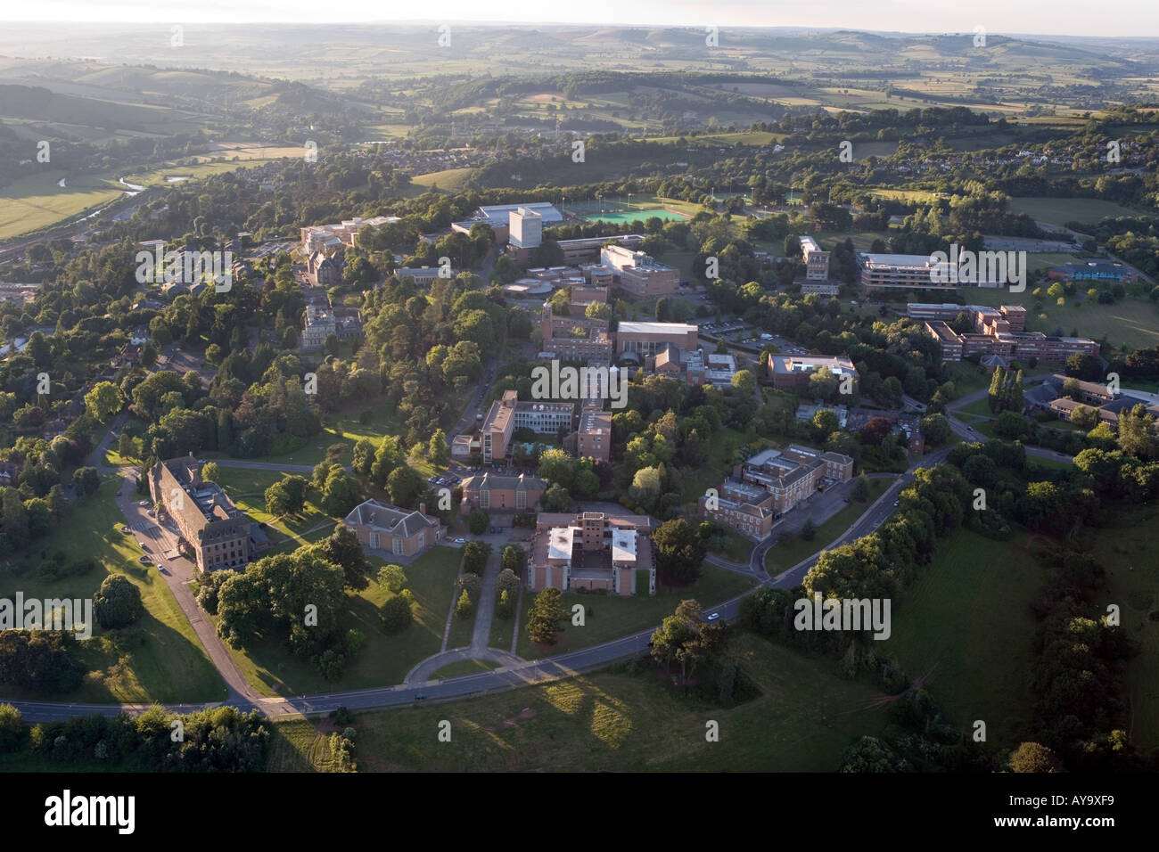 Aerial view of the Exeter University campus Devon England from a hot ...