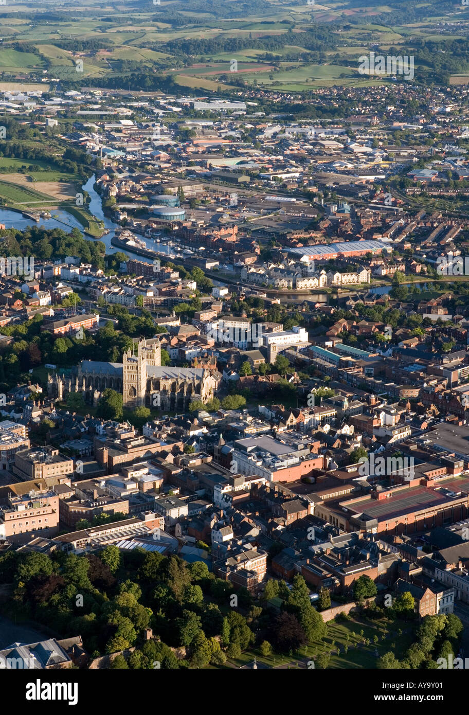 Aerial view of the City of Exeter Devon England from a hot air balloon ...
