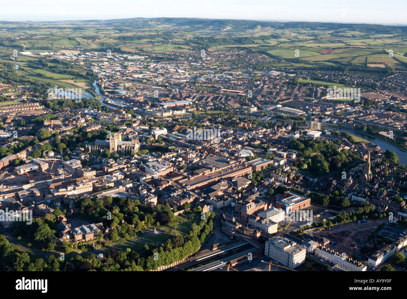 Aerial view of the City of Exeter Devon England from a hot air balloon ...