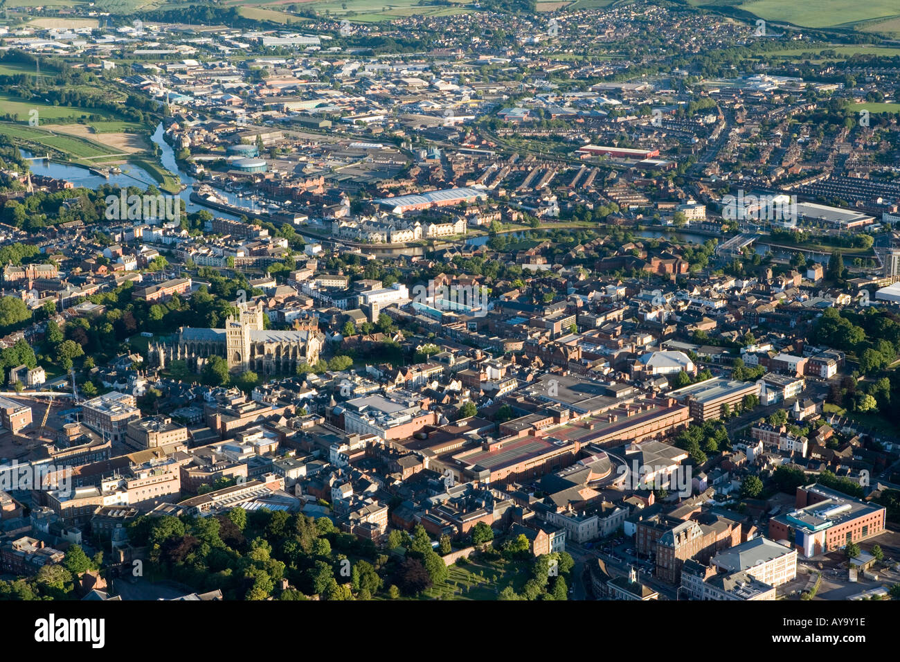 Aerial view of the City of Exeter Devon England from a hot air balloon ...