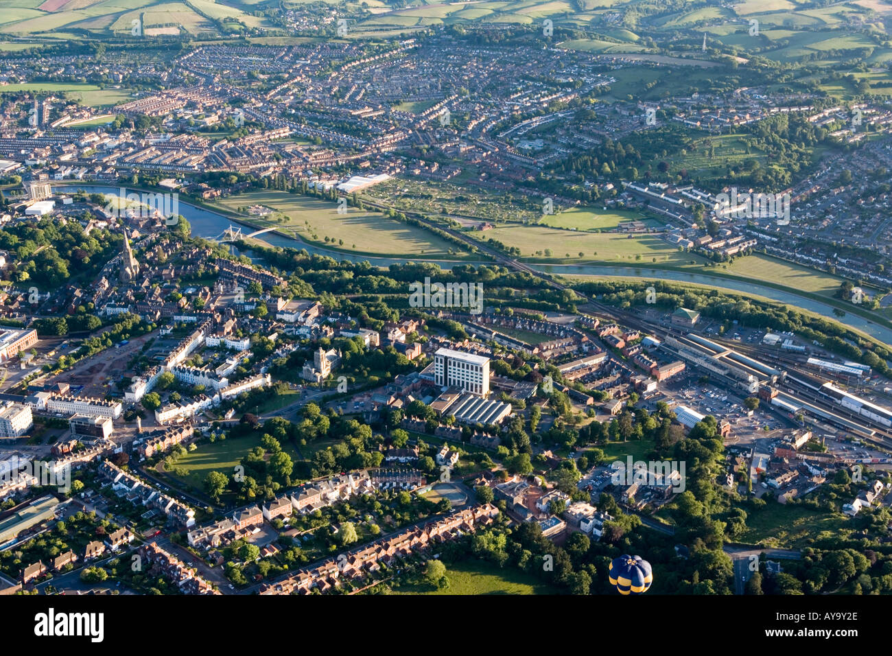 Aerial view of the City of Exeter Devon England and river Exe from a ...