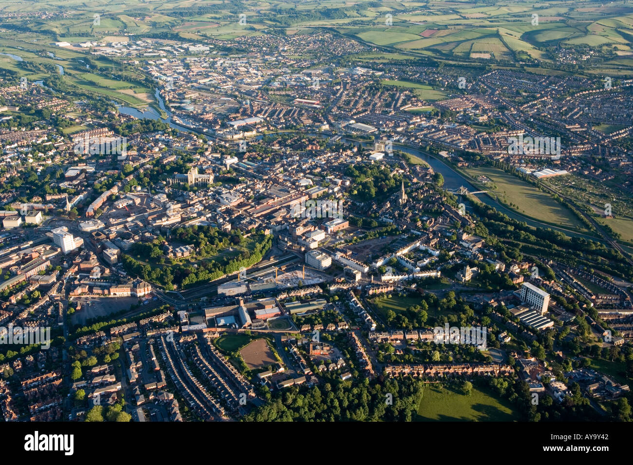 Aerial view of the City of Exeter Devon England from a hot air balloon ...