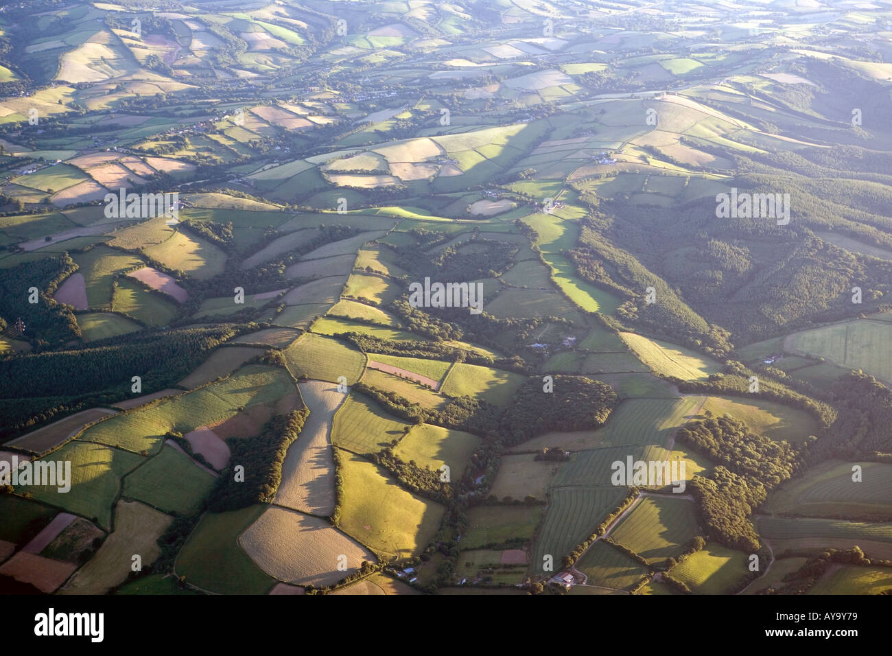 Aerial view of the landscape of Devon England taken from a hot air ...