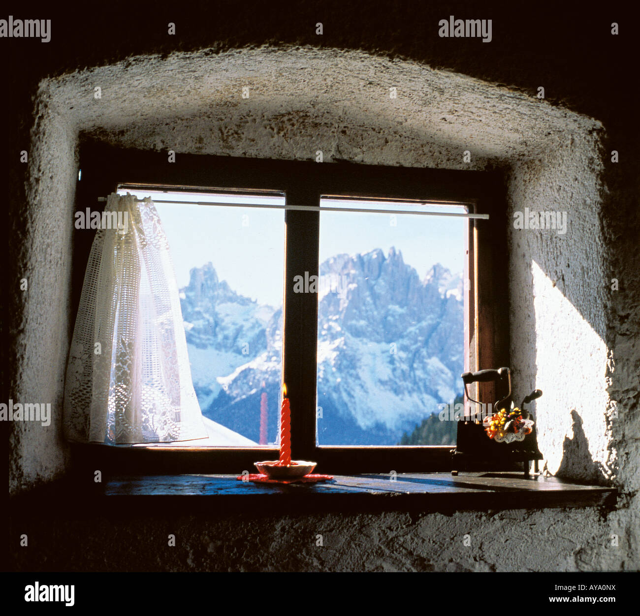 Windowsill in old chalet with view of Selva di Val Gardena, Italy Stock ...