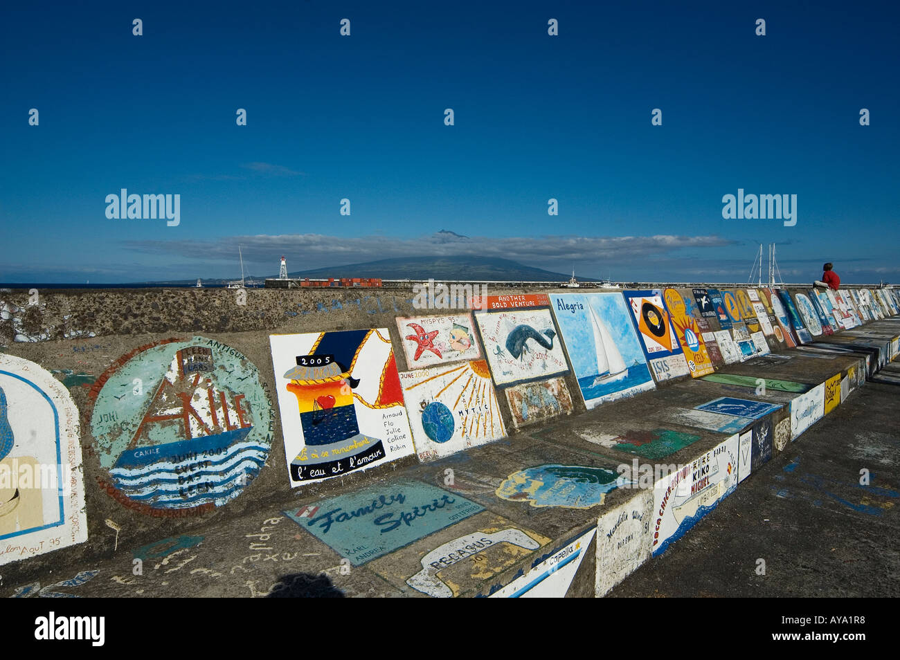 Painted marina wall in Horta with view on Pico, Faial, Acores, Portugal ...