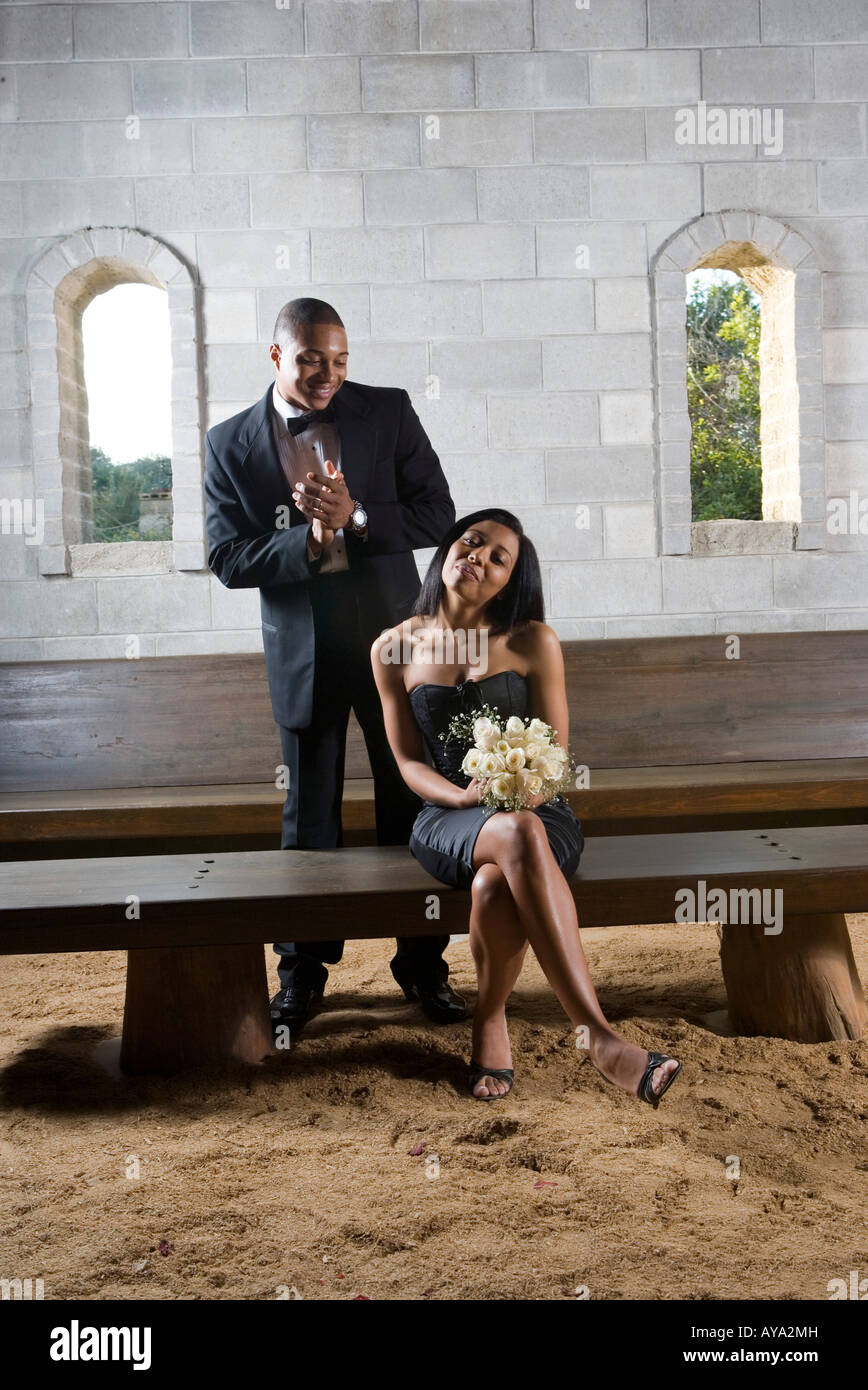 Couple in formal attire inside a medieval castle Stock Photo - Alamy