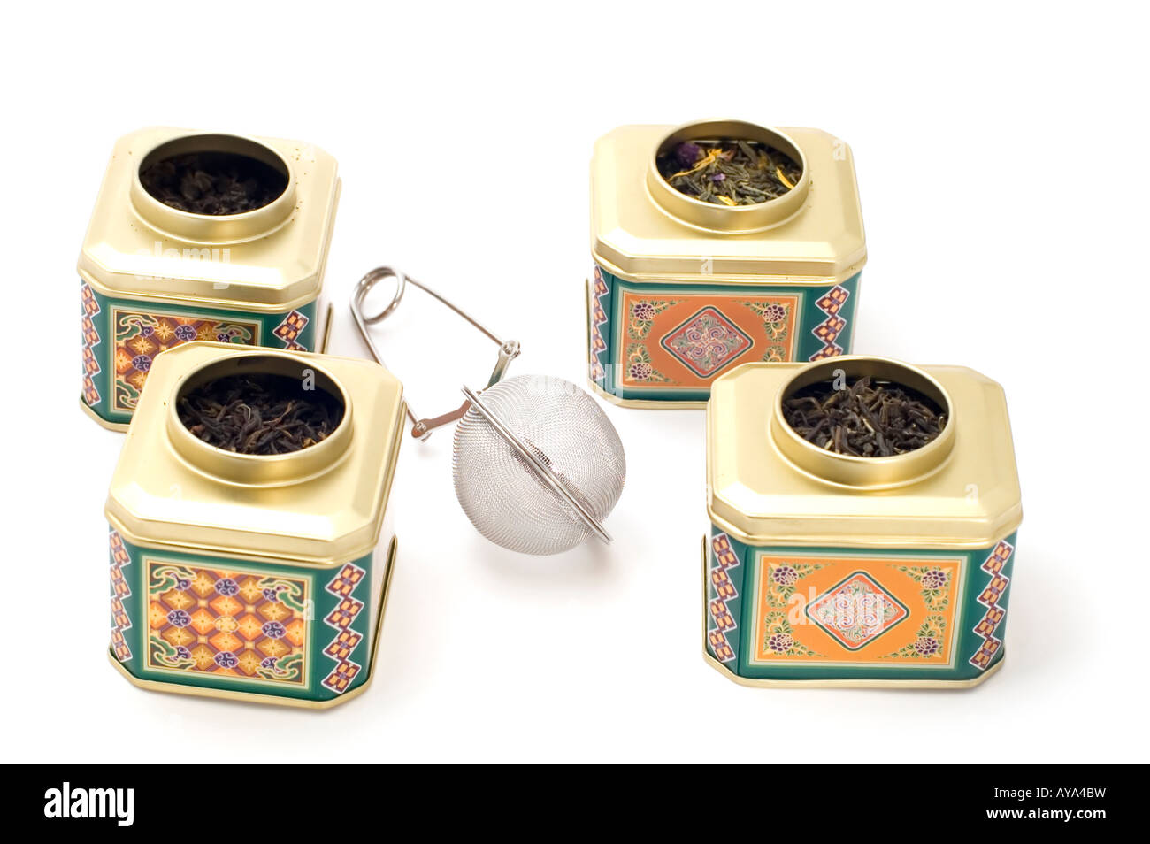 object on white kitchen utensil tea strainer with tea box Stock Photo ...