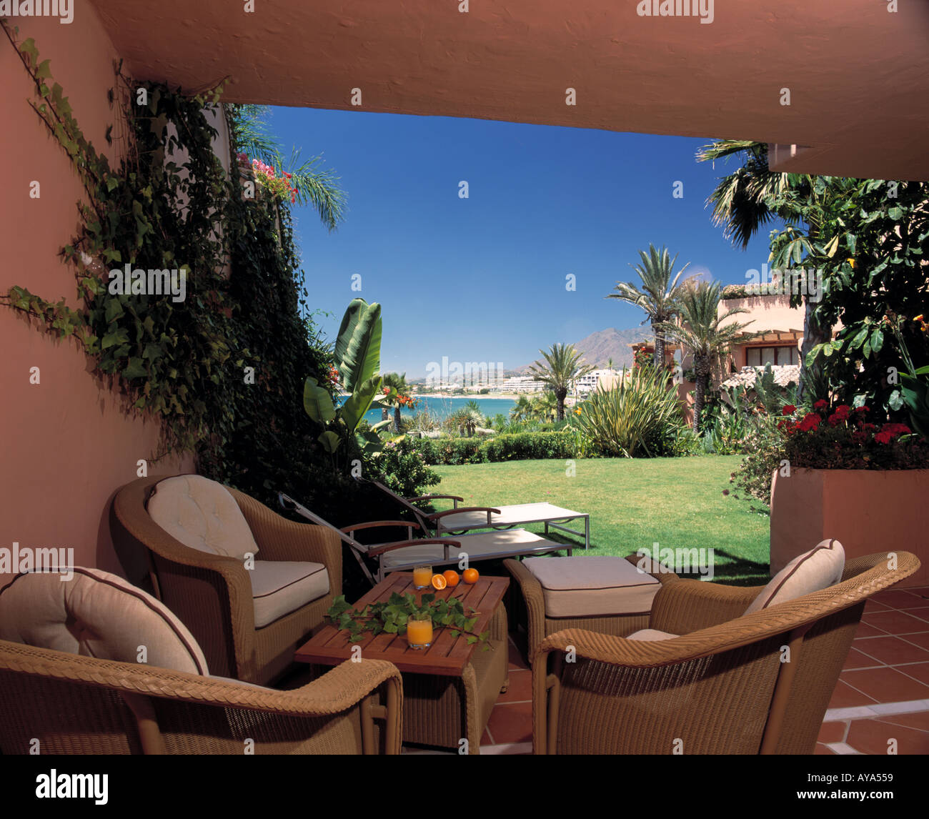 outside living on veranda of spanish villa Stock Photo - Alamy