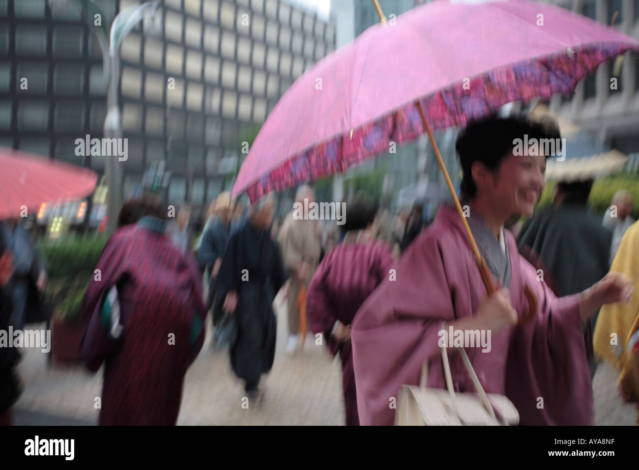 Asia Tokyo Japan Blurred image of Japanese woman wearing traditional ...