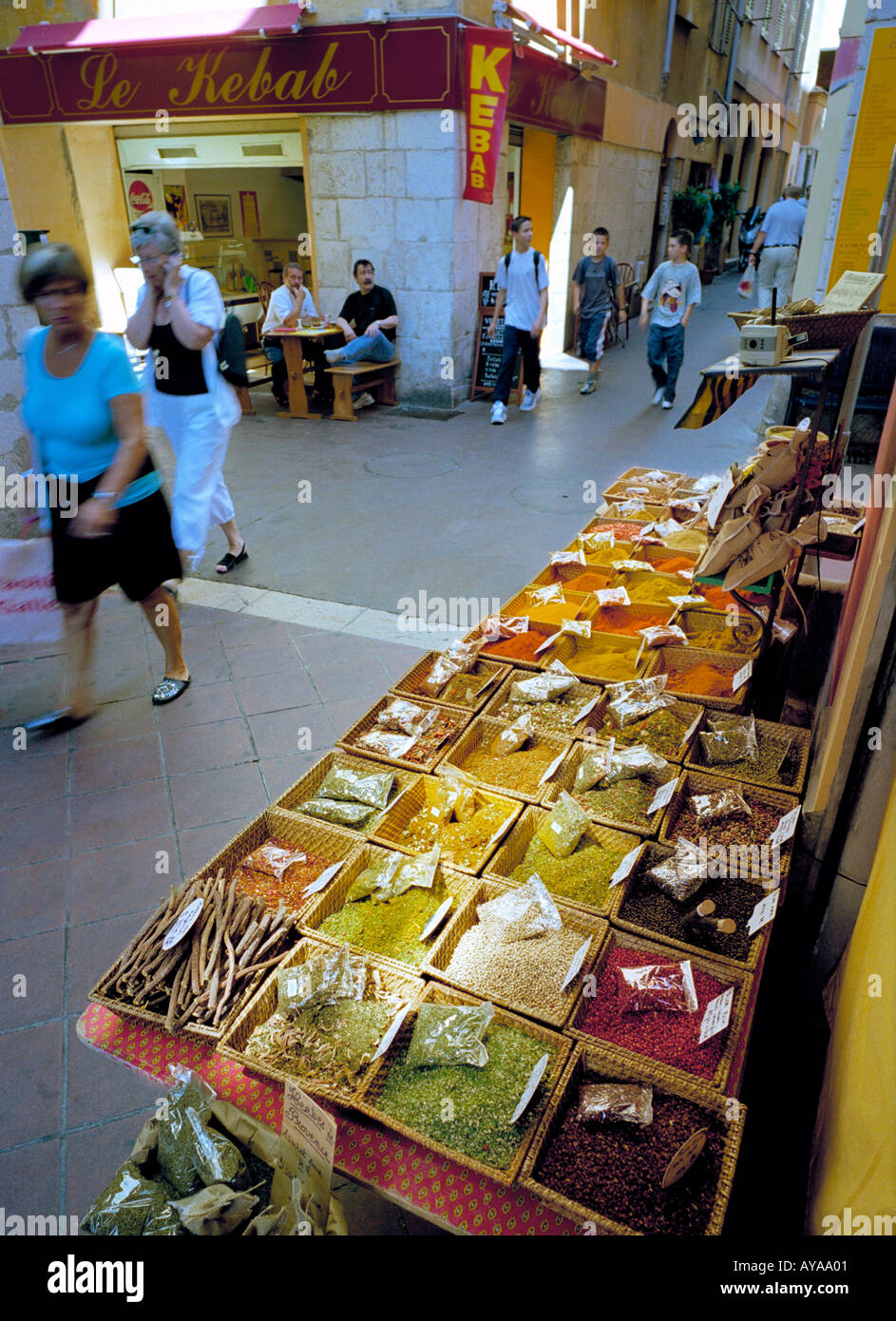 Herbs and spices in abundance on a shop stall in the old town area of ...