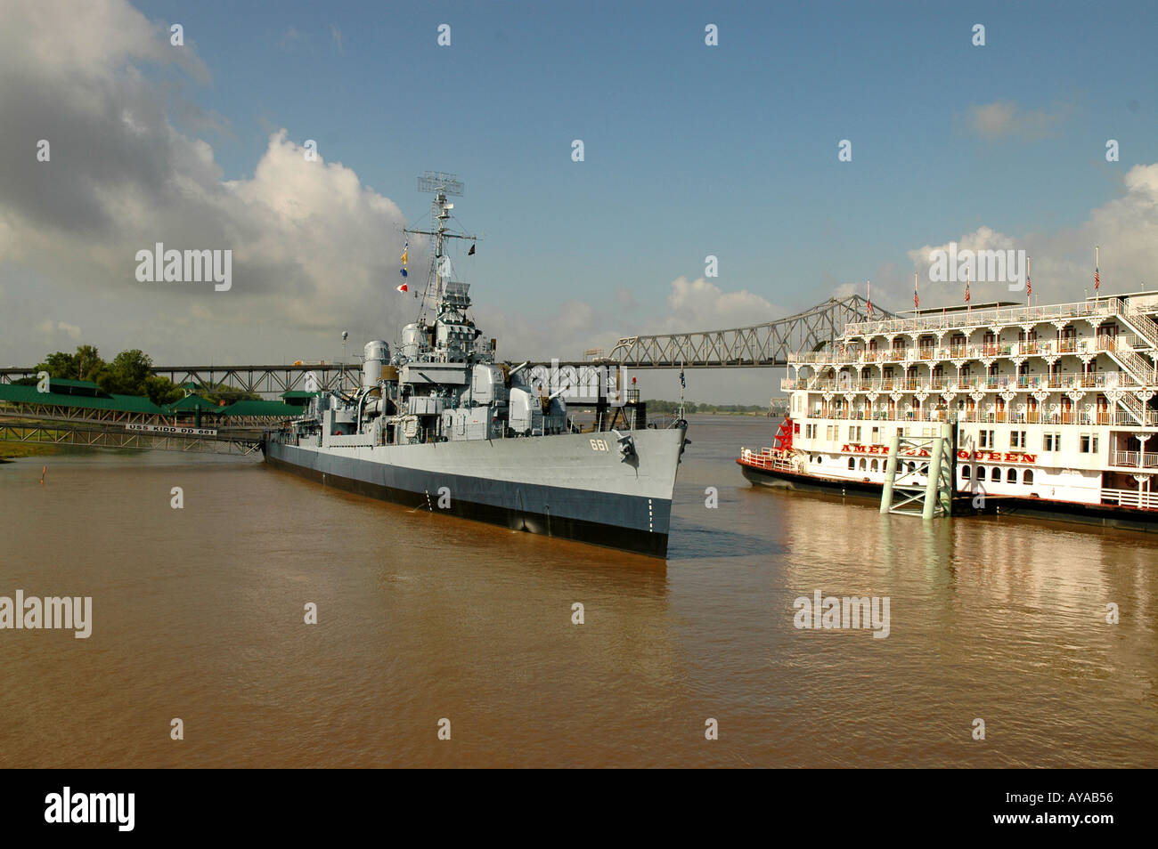 Baton Rouge LA Louisiana USS Kidd next to old fashioned steamboat Stock ...