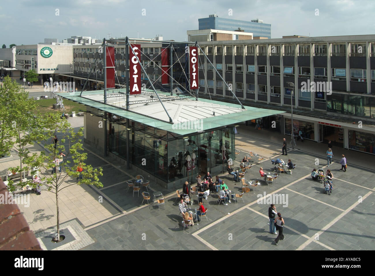 Basildon new town centre open space with Costa coffe shop with pavement ...