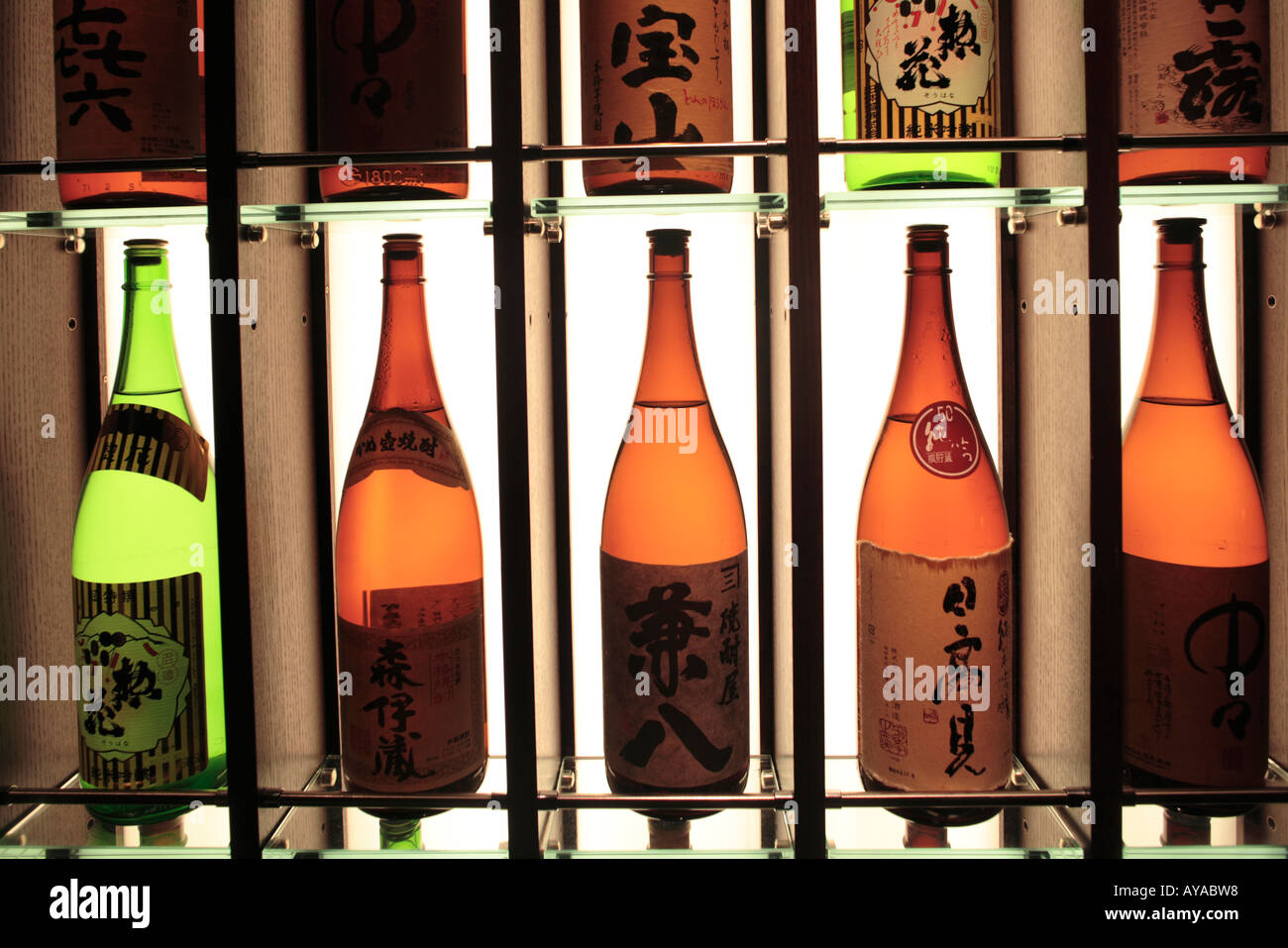 Asia Tokyo Japan Detail of sake bottles in restaurant in Akasaka ...