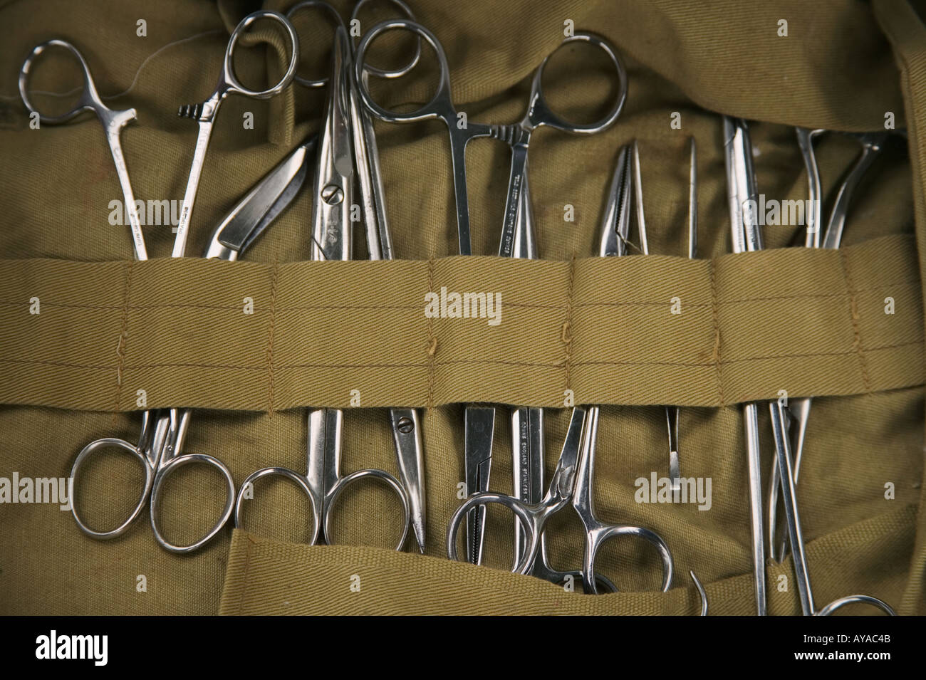 Surgical instruments in canvas military medics field kit Stock Photo ...