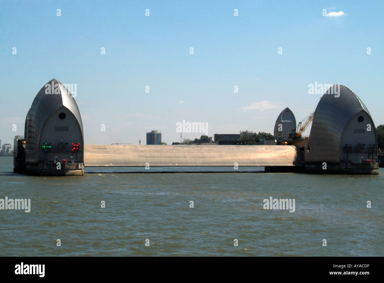 Woolwich East London river Thames flood barrier showing one gate ...