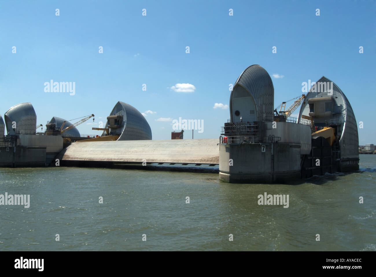 Woolwich East London river Thames flood barrier showing one gate ...