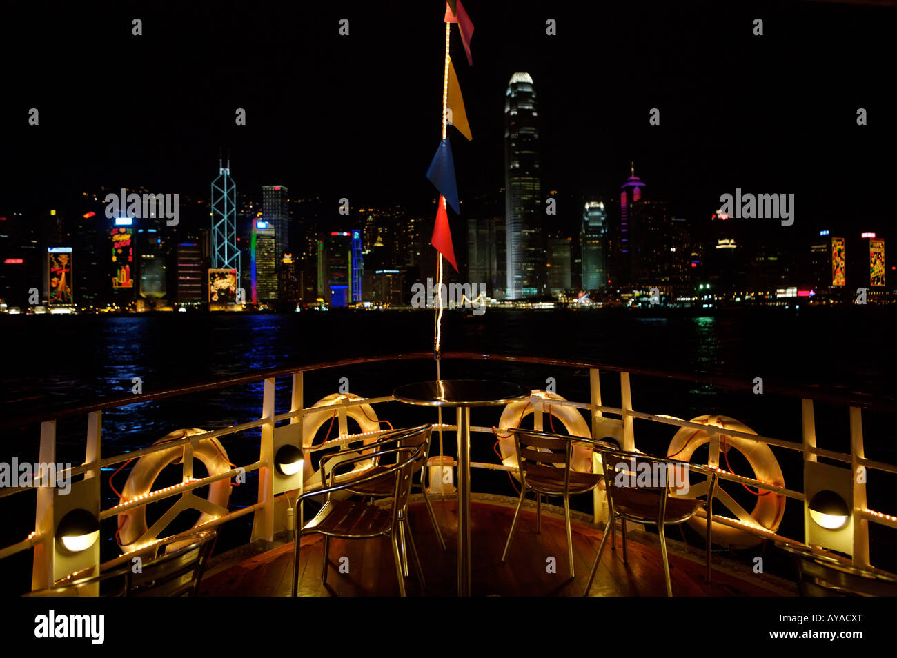A view of Hong Kong island at night photographed from the rear of the ...