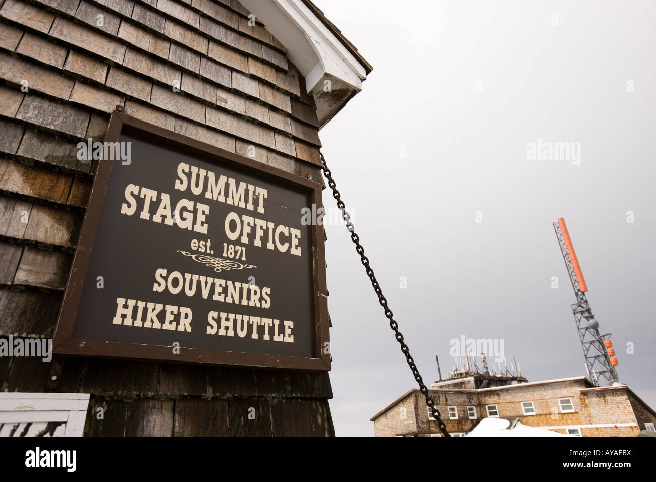Summit stage office with communication tower in the background Stock ...