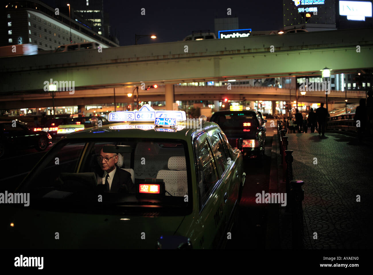 Asia Tokyo Japan Taxi driver waiting in queue in Akasaka District at ...
