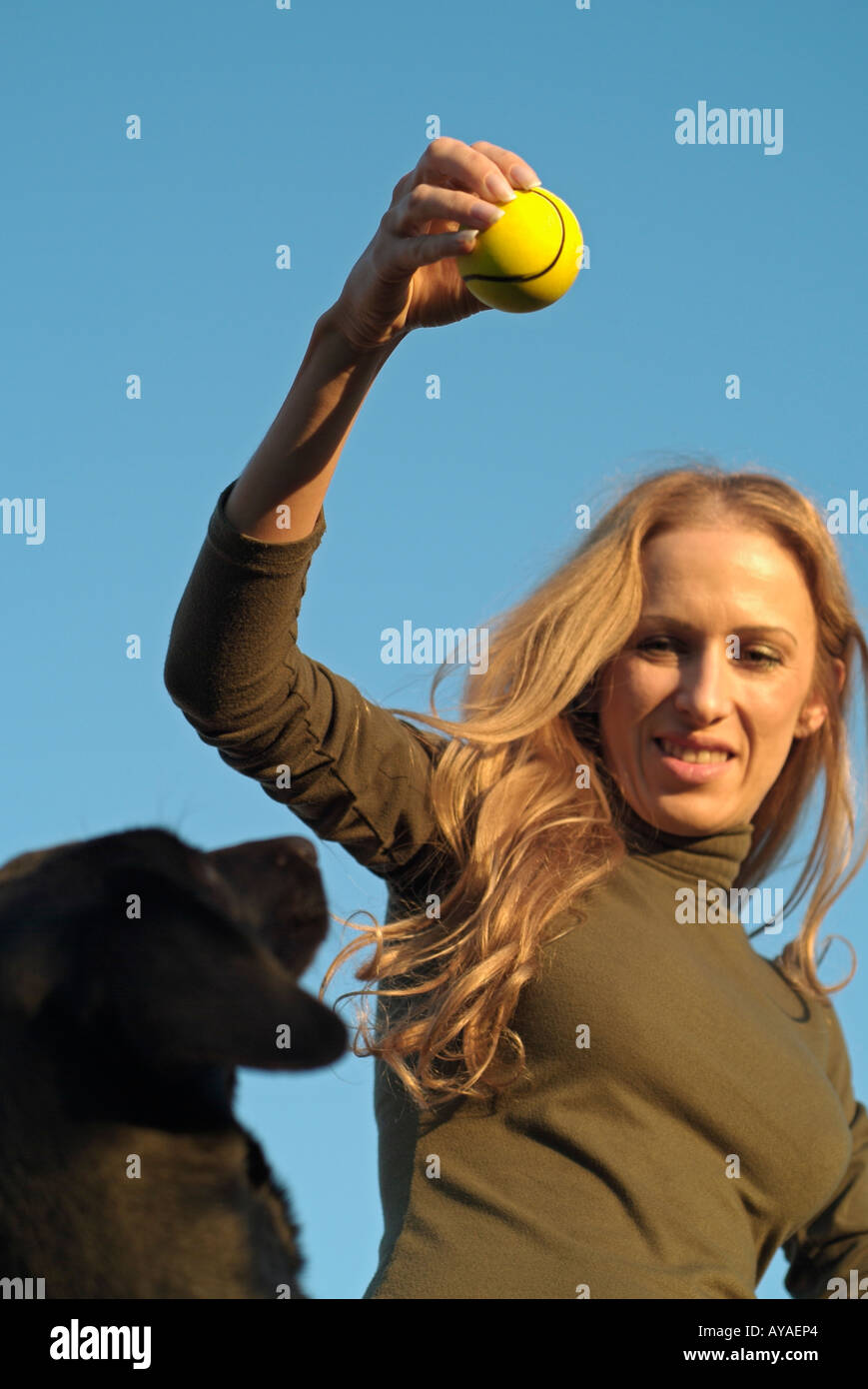 Women Playing Fetch Ball with Her Pet Dog Stock Photo - Alamy