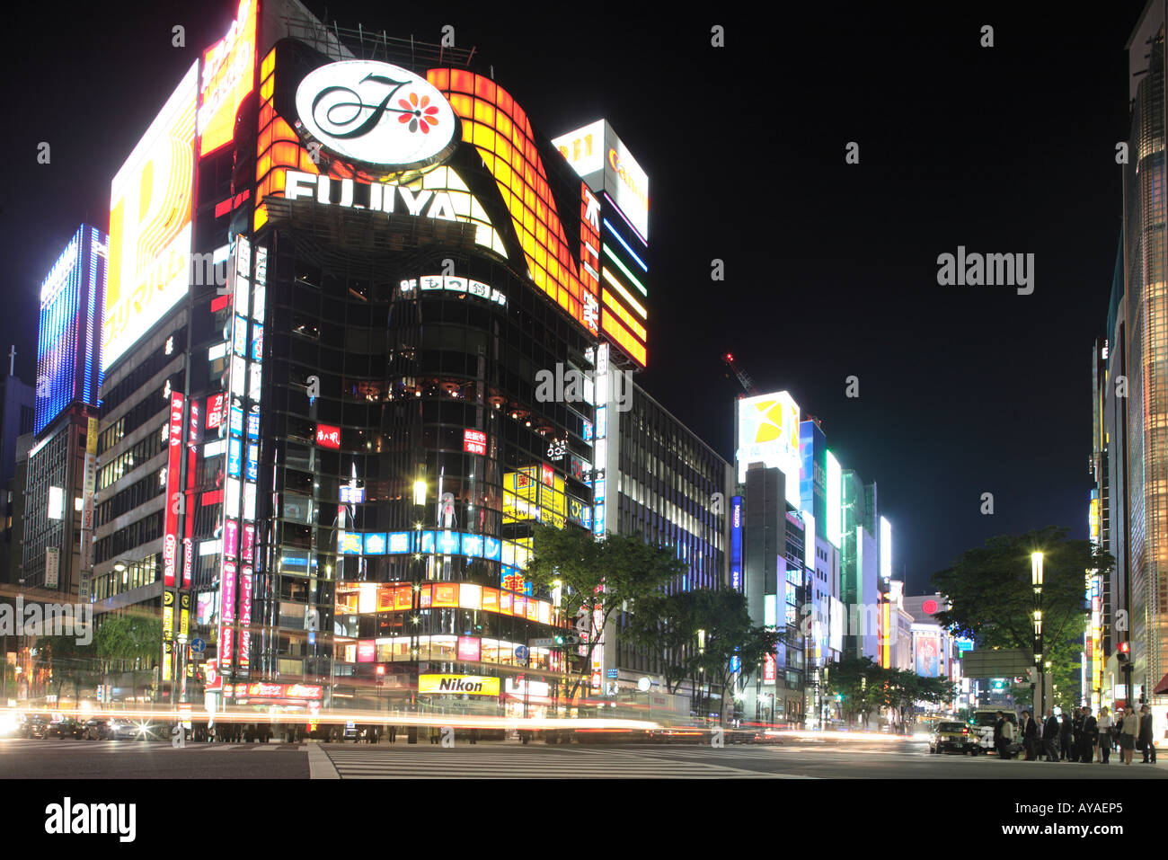 Asia Tokyo Japan Neon lit buildings in Ginza District at night Stock ...