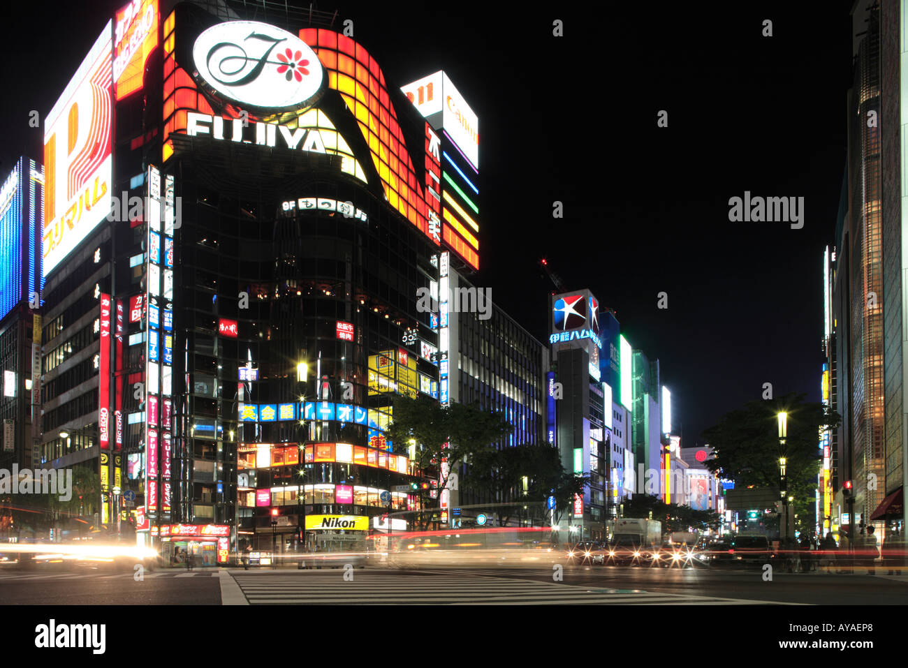 Asia Tokyo Japan Neon lit buildings in Ginza District at night Stock ...
