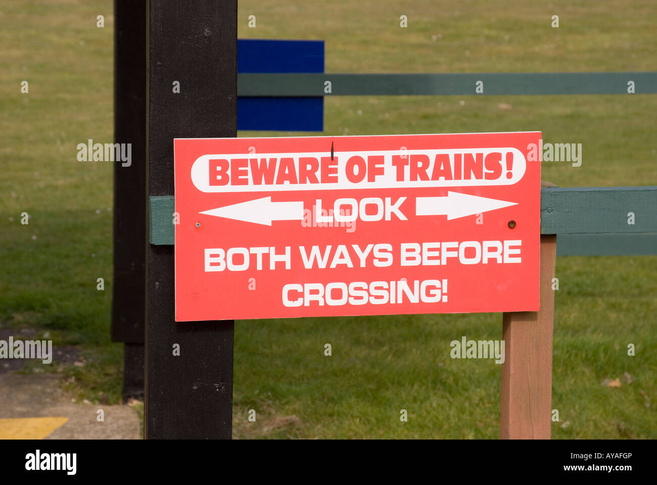 Beware Of Trains Sign Stock Photo - Alamy