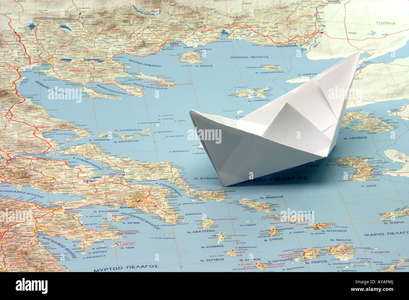 travel to greek islands by boat boat figure on a map of greece Stock ...