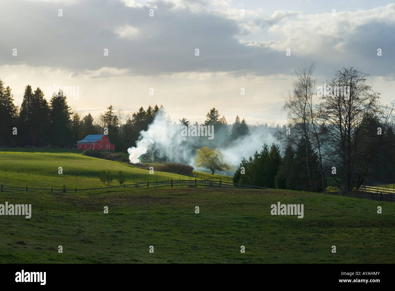 Smoke rises from a distant brush pile fire on a rural farm property ...