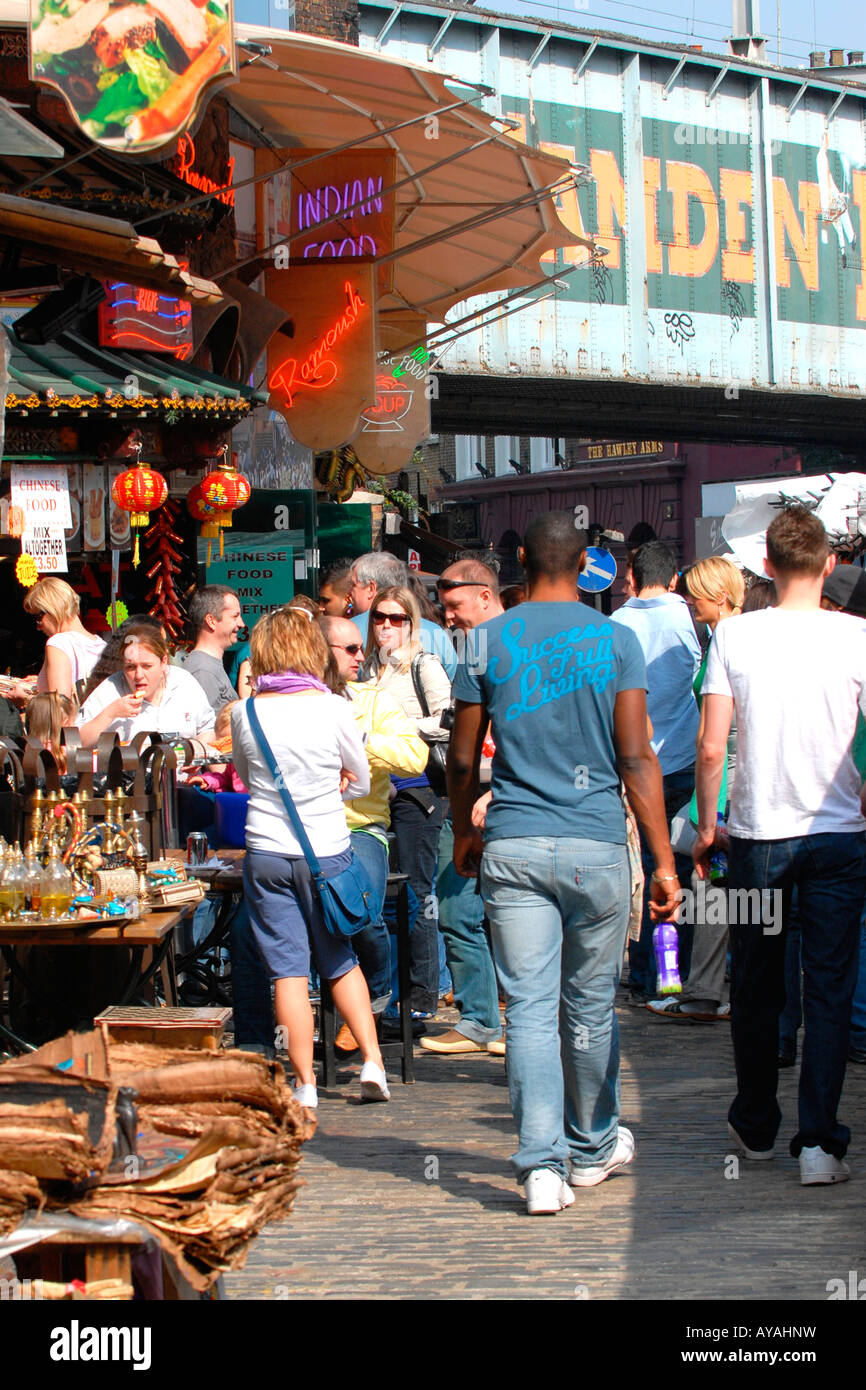 London Camden Lock Market , street scene with crowd of people , stalls ...