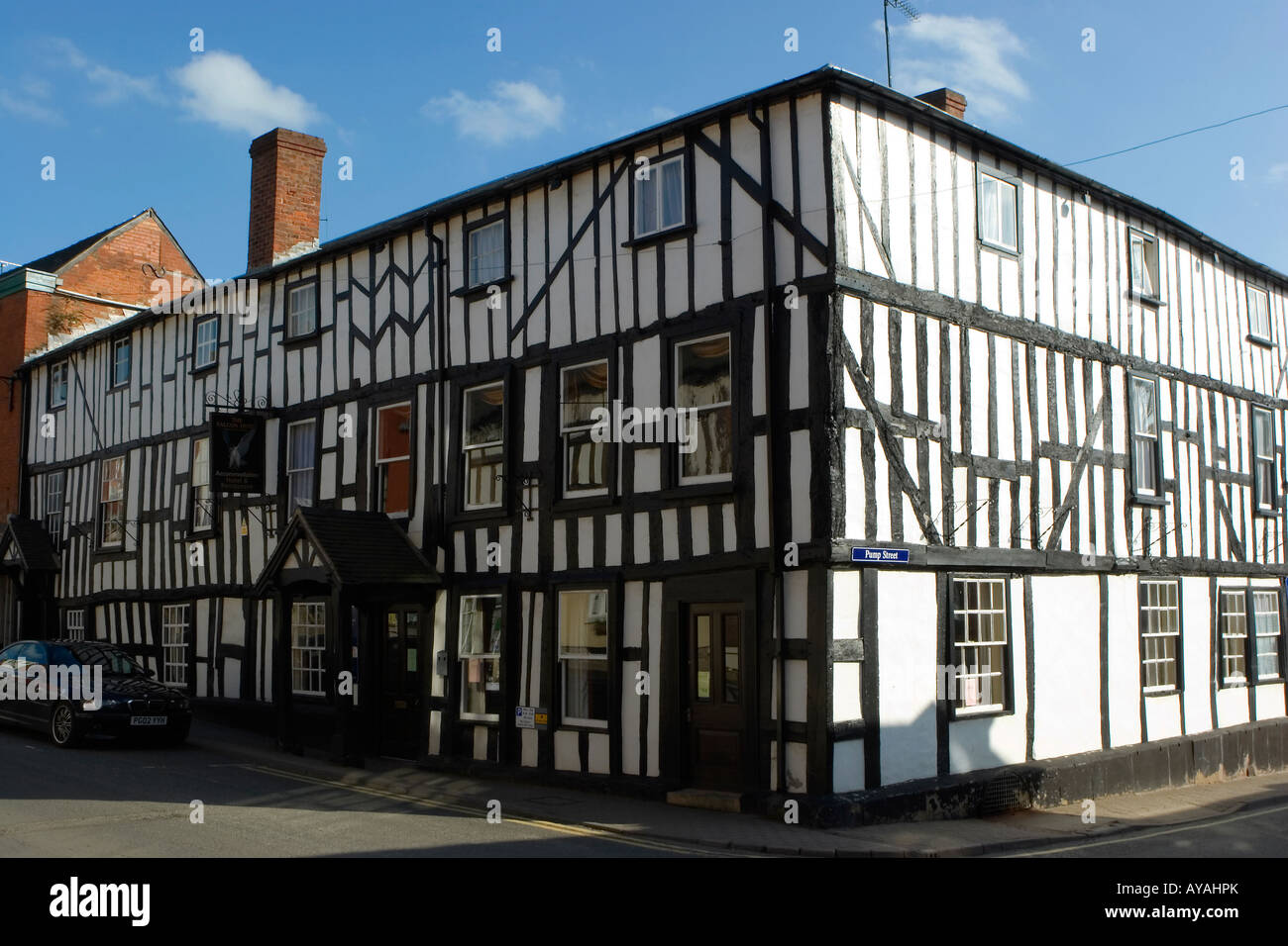 The half timbered, black and white Falcon Hotel in Bromyard ...