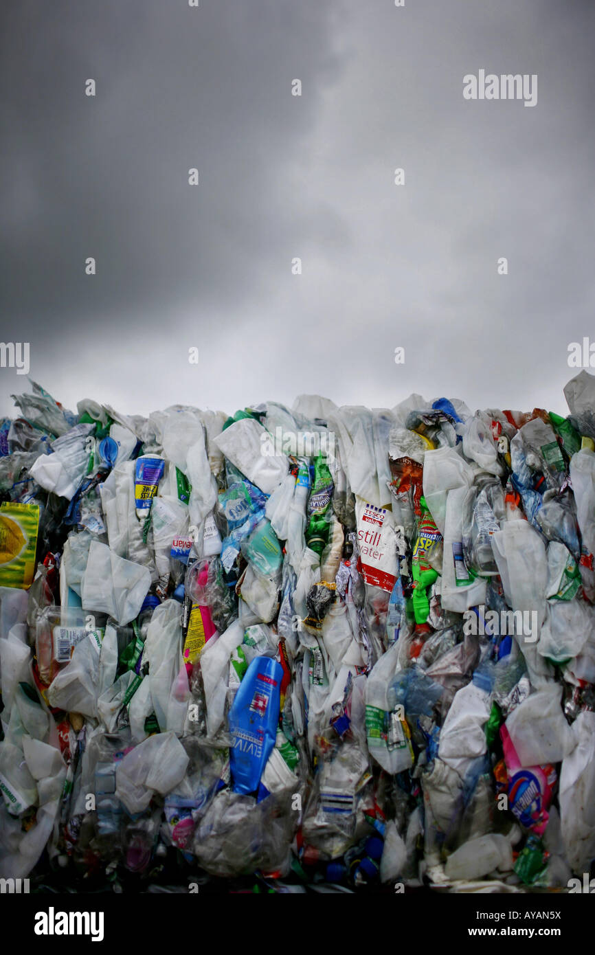 A bail of plastic bottles is seen before being transported to recycling ...
