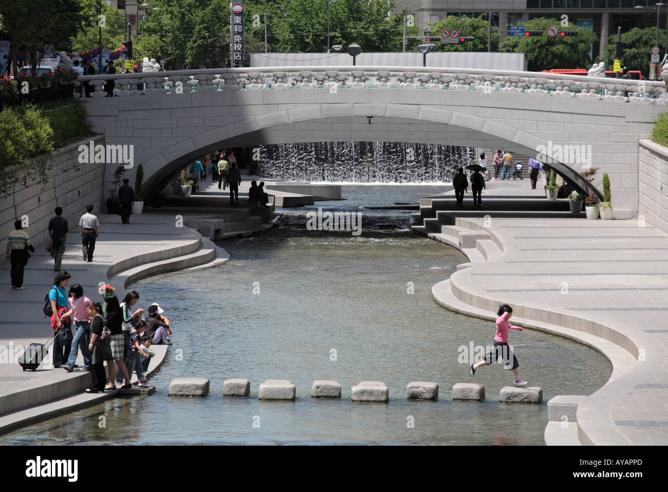 South Korea Seoul Concrete pedestrian walkway and bridges over Cheong ...