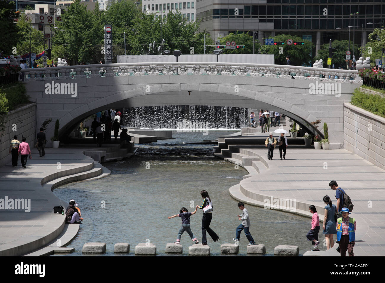 South Korea Seoul Concrete pedestrian walkway and bridges over Cheong ...