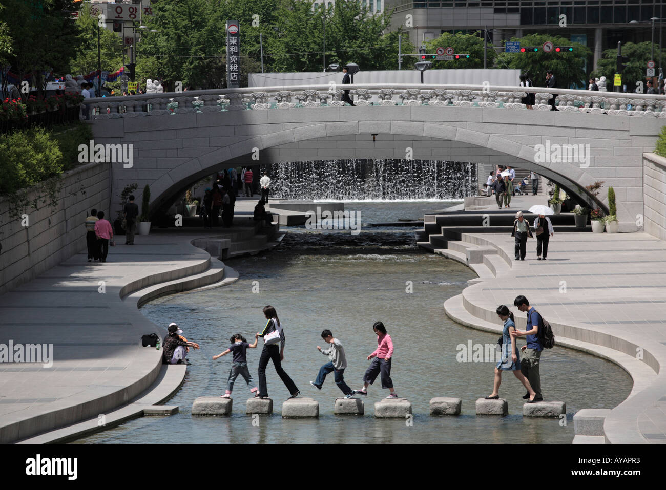 South Korea Seoul Concrete pedestrian walkway and bridges over Cheong ...
