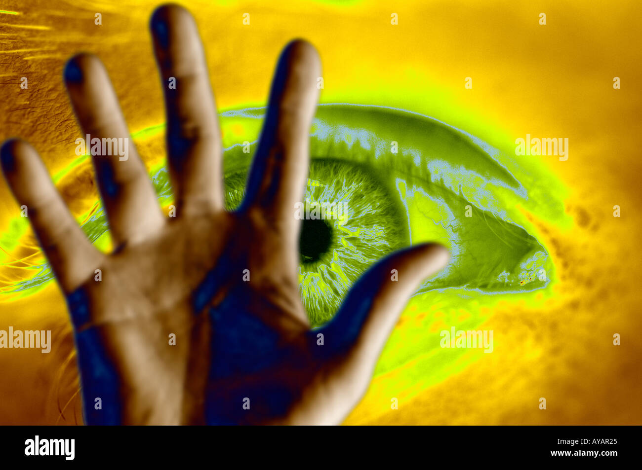 male hand in front of human eye display computer screen Stock Photo - Alamy