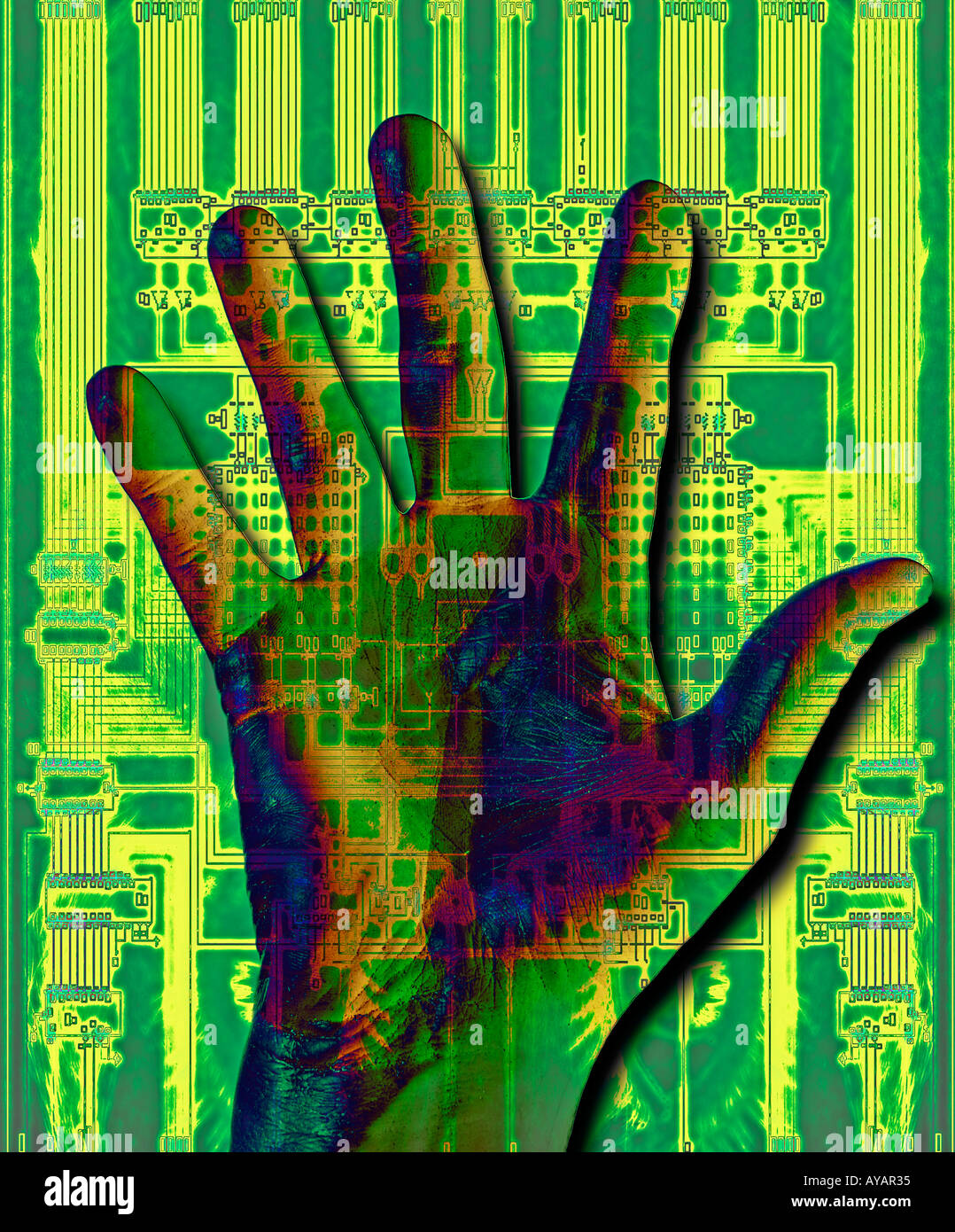 circuit board slide projected on hand in front of circuit board Stock ...