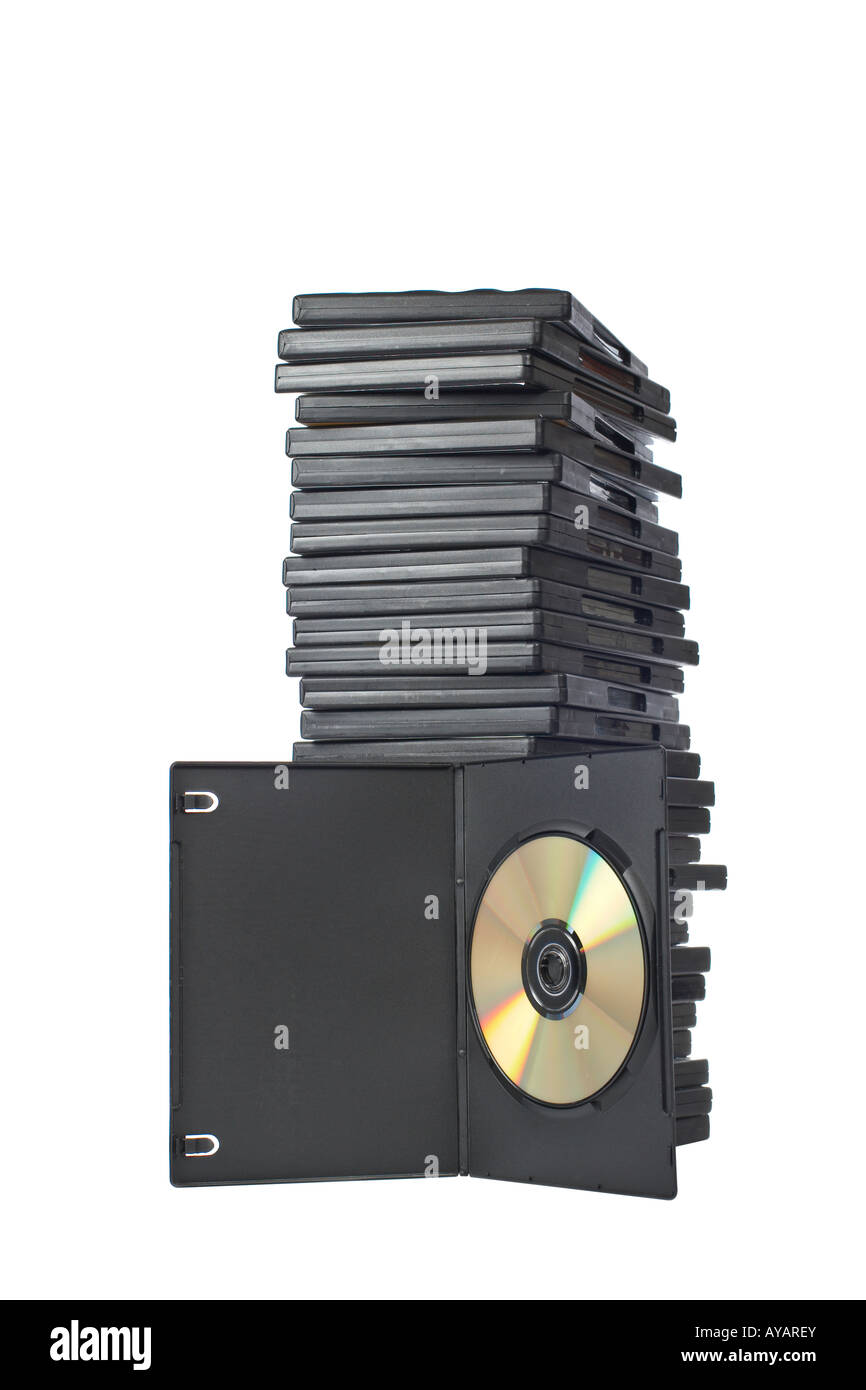 Batch of DVD movies in packing boxes isolated on white background Stock ...