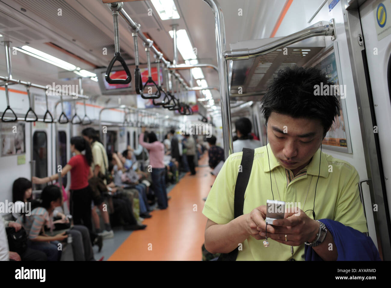 South Korea Seoul Passengers on Seoul Metro commuter train during ...