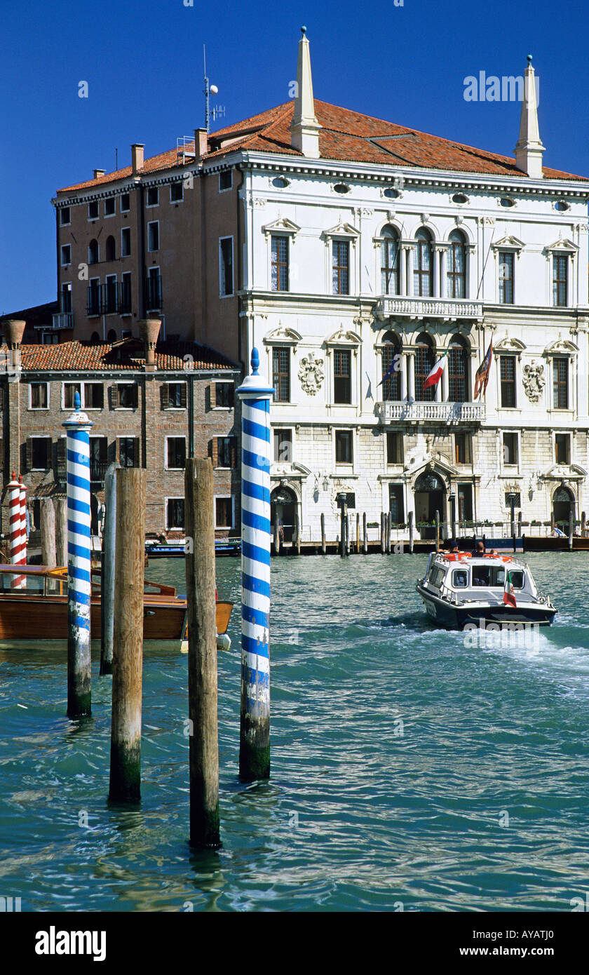 Palazzo Balbi external view from canal boat close up red and blue Stock ...