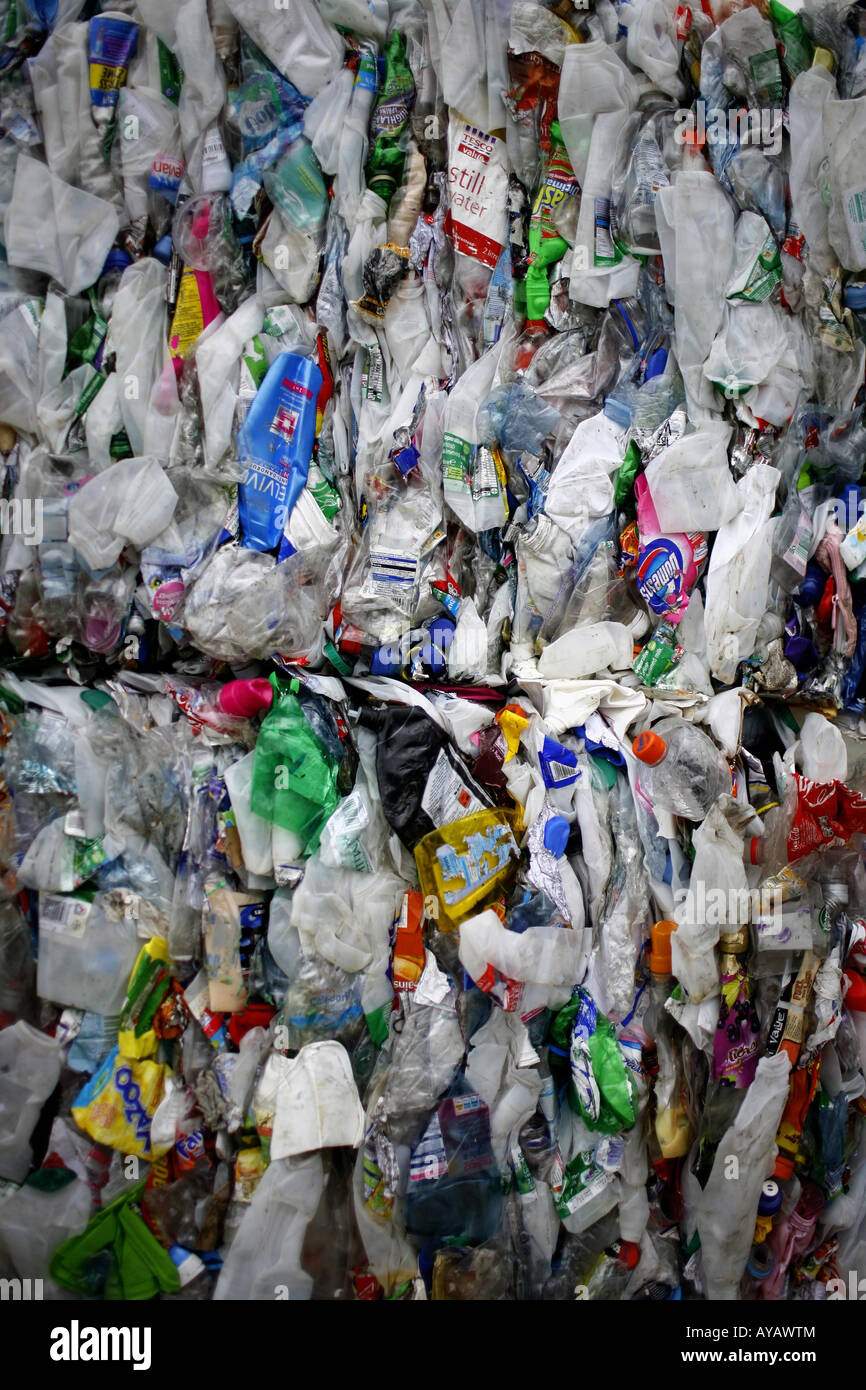 A bail of plastic bottles is seen before being transported to recycling ...