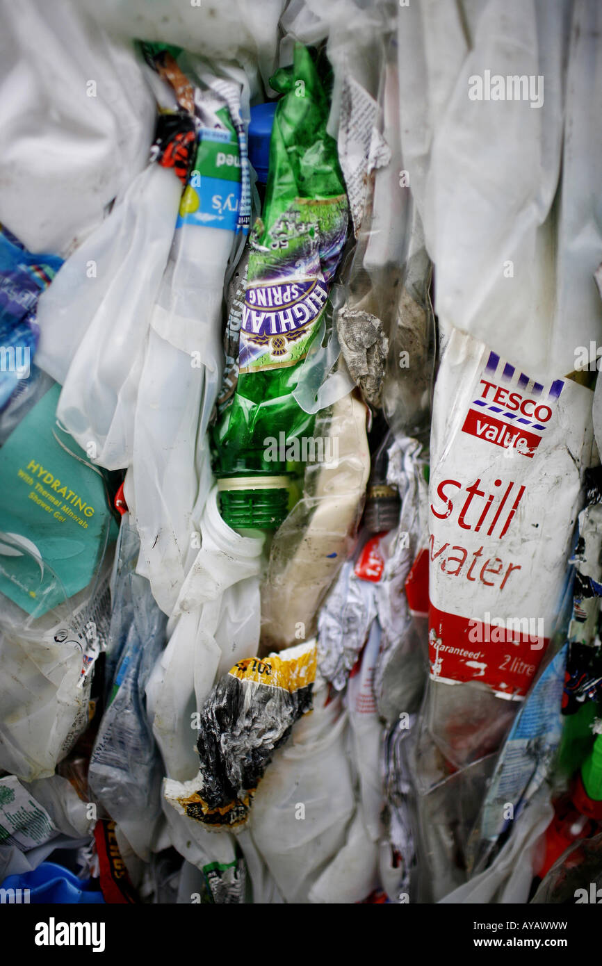 A bail of plastic bottles is seen before being transported to recycling ...