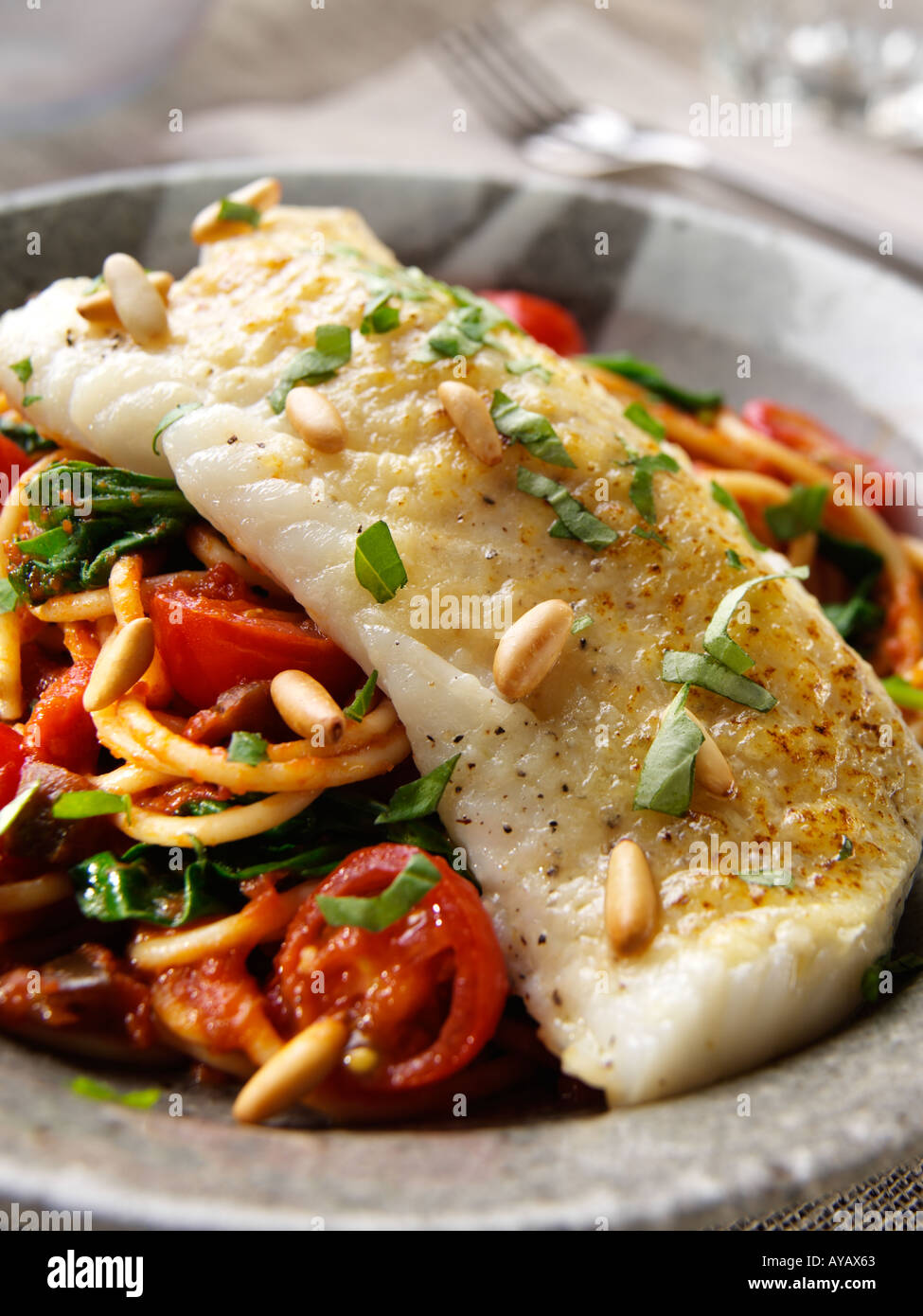Baked Cod Spaghetti Stock Photo - Alamy