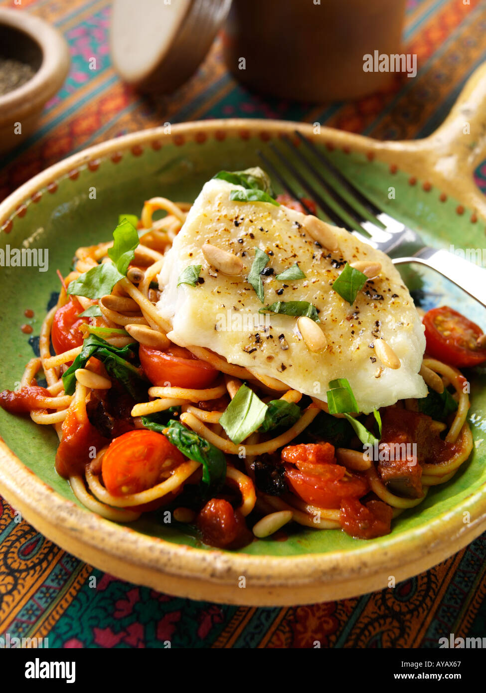 Baked Cod Spaghetti Stock Photo - Alamy