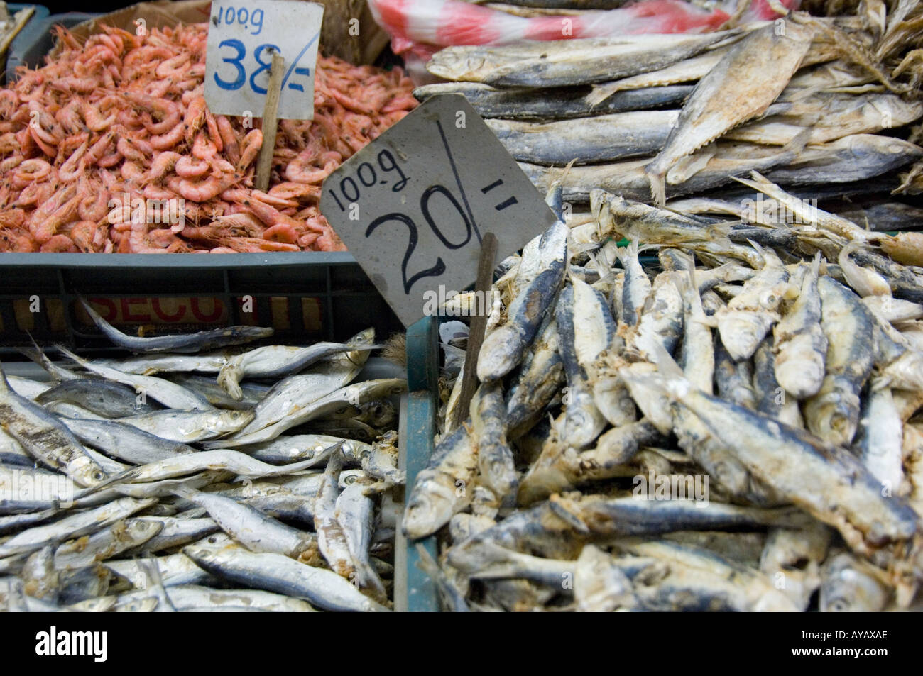 Dried and fresh fish and prawns for sale at the market in Nuwara Eliya ...
