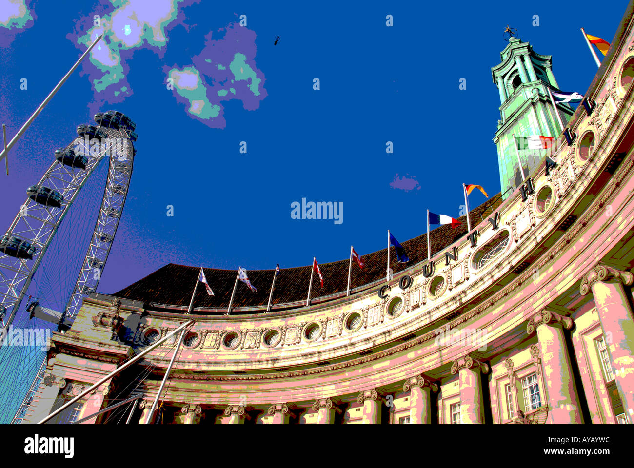 Posterized view of the London eye and surrounding government buildings ...