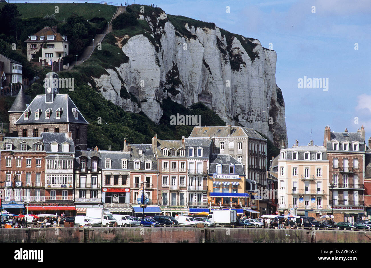 Town and Cliffs Behind View from River Bresel Le Treport Stock Photo ...