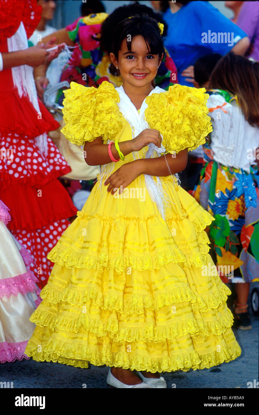 Spanish Child in her flamenco dress at festival in Manilva Stock Photo ...